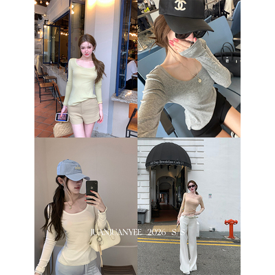 juanjuanyee【Daily 美女T】大u领天丝羊毛纯欲修身高弹外穿长袖t