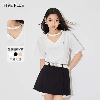 FIVE PLUST恤女短袖V领上衣挂脖套头宽松纯棉小众新款女夏装