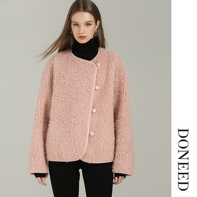 时尚慵懒侧开襟仿毛一体毛绒外套