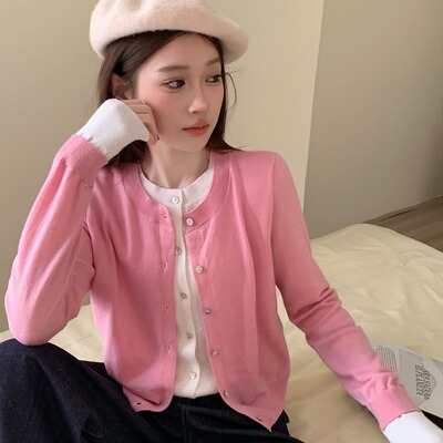 粉色假两件甜美减龄毛衣针织开衫
