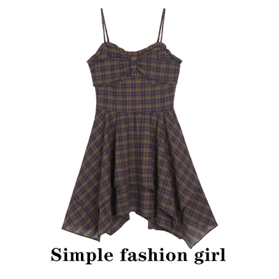 格子高腰慵懒感格纹不规则吊带裙