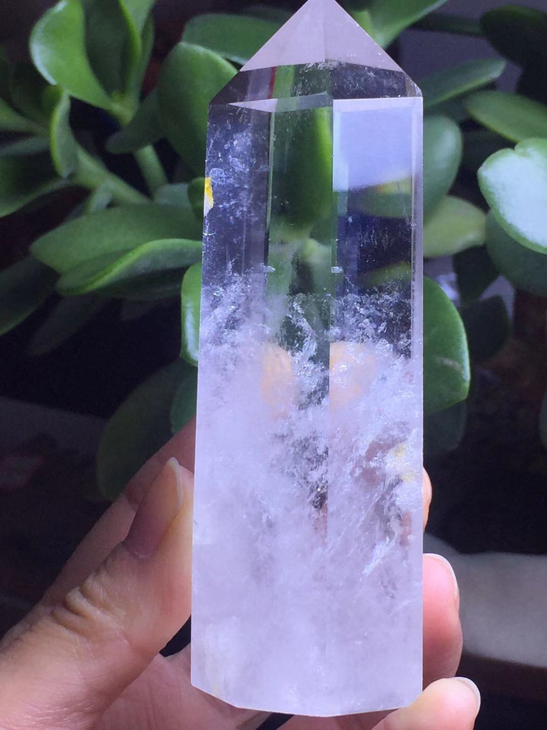 天然白水晶单尖六棱柱原矿单晶体打磨抛光有棉絮冰裂供佛风水摆件
