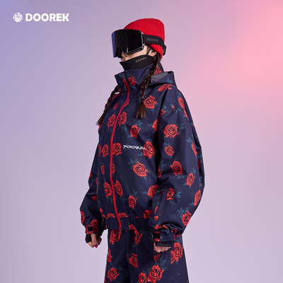 DOOREK新款满印红玫瑰滑雪服女弯刀裤单板双板保暖防水防风雪服男
