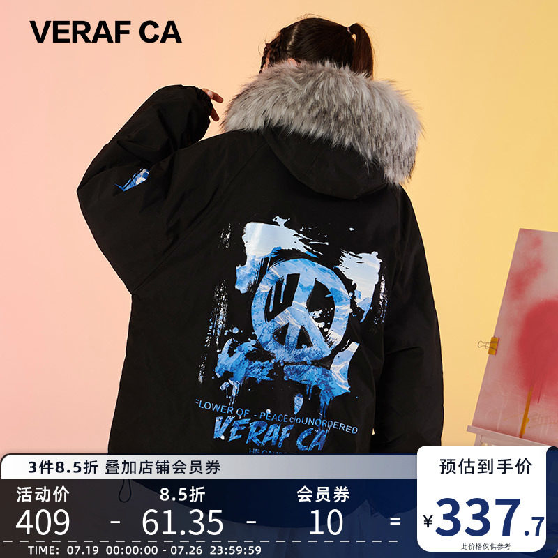VERAF CA潮牌雪山反战印花棉衣棉服男冬季情侣装毛领连帽加厚外套_虎窝淘