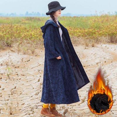 复古文艺棉麻提花保暖棉服外套宽松版加绒斗篷大衣大码女装巫师帽