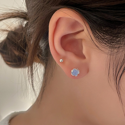 Surprise 999纯银淡蓝气质耳钉女高级感小众设计森系小清新百搭
