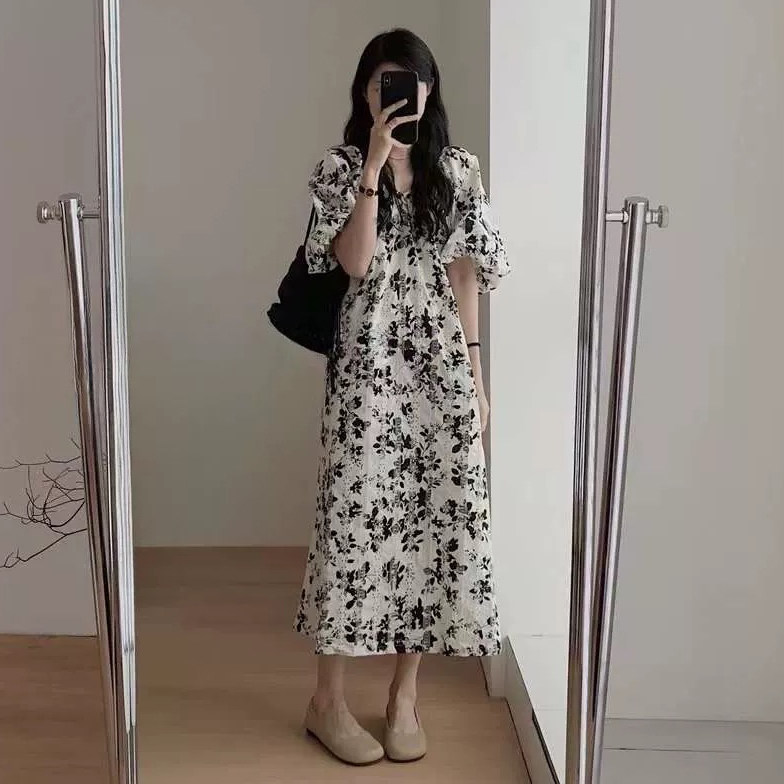 大码女装夏季碎花连衣裙女2025新款宽松长裙显瘦温柔风短袖裙子