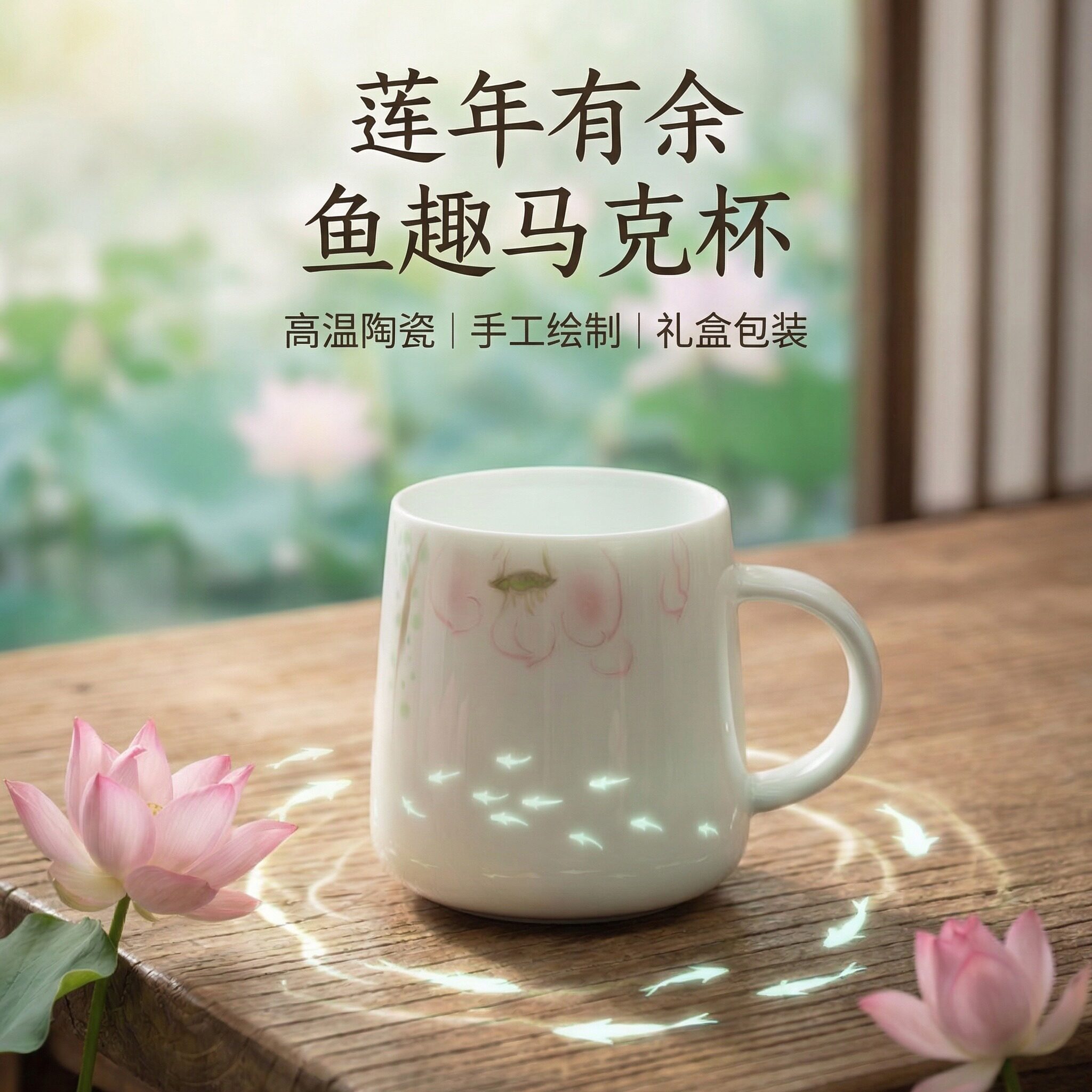 莲年有鱼情侣杯水杯景德镇陶瓷杯子茶杯办公马克杯套装高颜值对杯