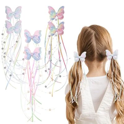 2Pc Childrens Rainbow Butterfly Sequin Hair Clip,pearl Ribbo