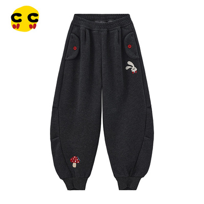 clanc潮牌童装25冬新品女童加绒长裤舒适休闲卡通束脚针织加绒裤