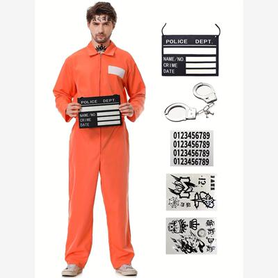 Prisoner costume set orange jumpsuit 5pcs/set handcuffs pris