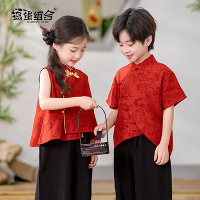 男童唐装夏季新中式女童国风新年红色唐装亲子装汉服幼儿园演出服