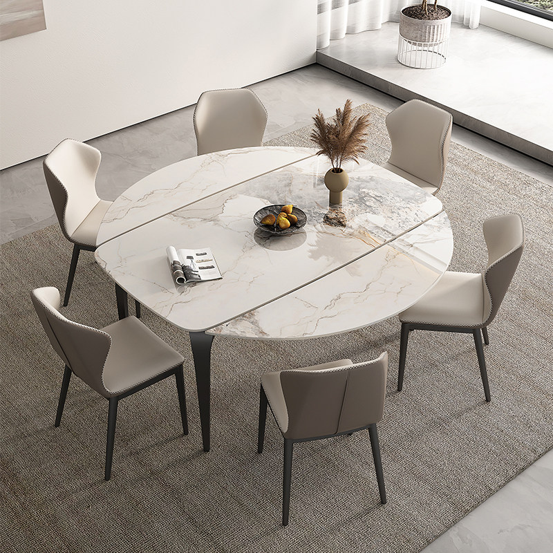 法式奶油风伸缩可折叠餐桌德利丰岩板餐桌方圆两用小户型现代简约_虎窝淘