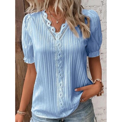 Elegant Women Blouse Shirt V Neck Lace Patchwork Short Sleev