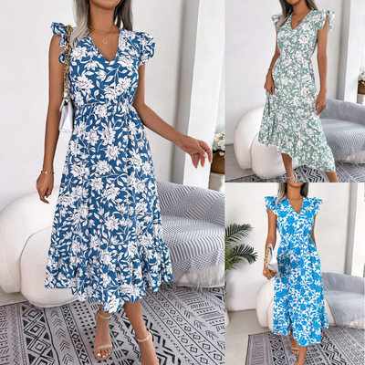 Women's Fashion INS Casual Flower Waist Dress Holiday Dress