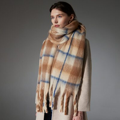 2024 New Women Fashion Fringed Long Style Plaid Shawl Scarf