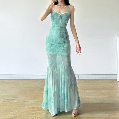 2025 Fresh Green Style Printed Mesh Fishtail Suspender Dress