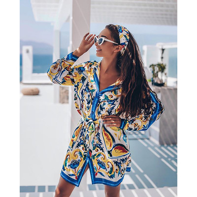 Summer Shirt Dress Women印花衬衫连衣裙女系带长袖休闲连衣裙