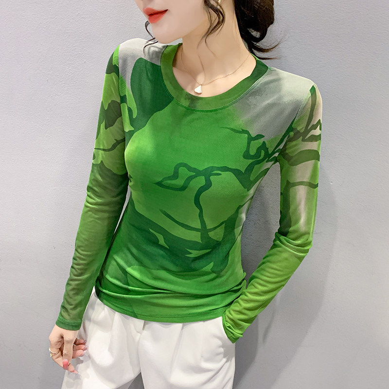 欧货网纱打底衫女2026秋装新款时尚印花上衣洋气修身长袖T恤小衫