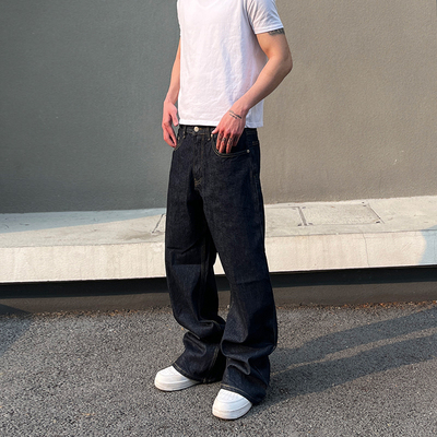 美式复古水洗做旧阔腿牛仔裤