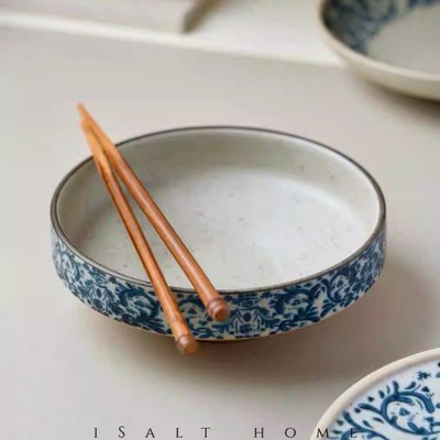 高足盘.粗陶青花手绘餐盘创意釉下彩复古耐高脚果盘/出丹麦