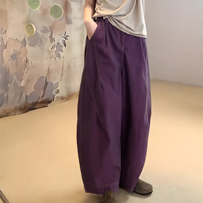 欧货正品紫色简约感棉麻休闲裤子