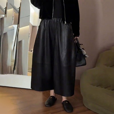 高端定制黑色大码九分阔腿皮裤女