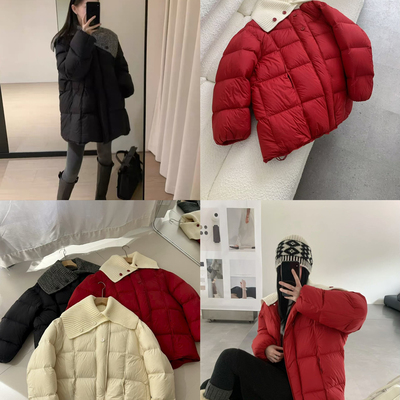 一善家韩版设计感翻领拼接保暖羽绒服外套(配围巾)hm155