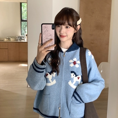 一善小众设计韩系软糯撞色提花简约设计感针织开衫L-142Z3567