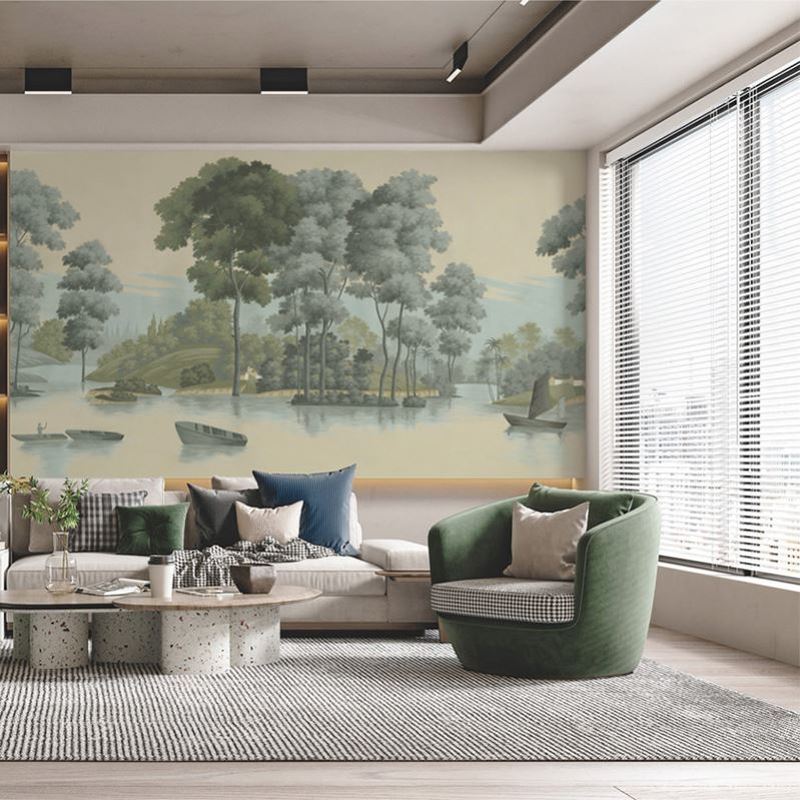 正品无缝定制墙布壁画现代美式轻奢中式山水船舶风景背景壁画