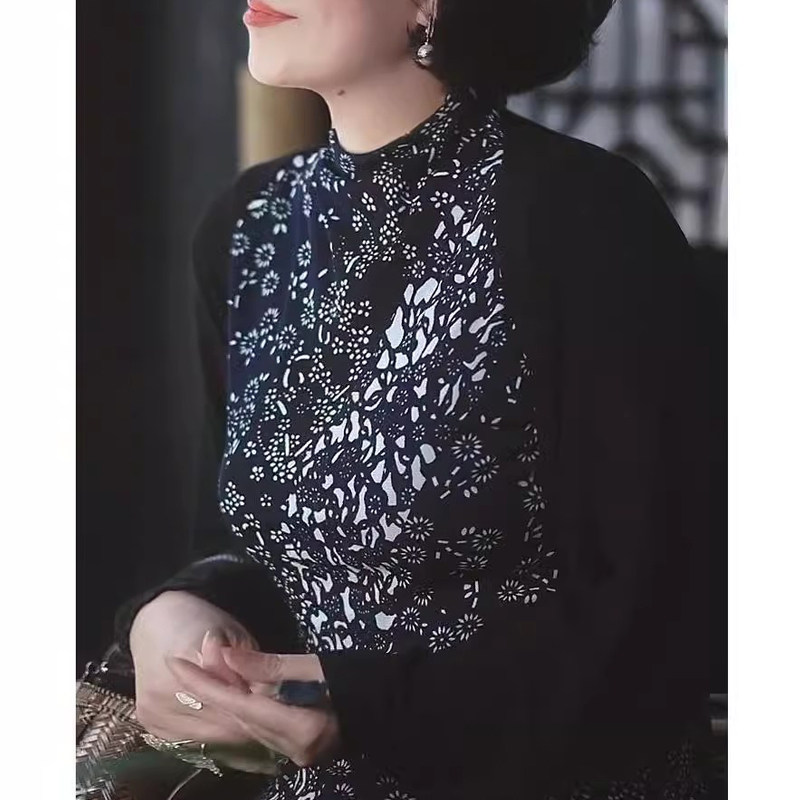 青花瓷印花弹力短袖小衫女夏季新款欧货高档妈妈透气网纱t恤上衣