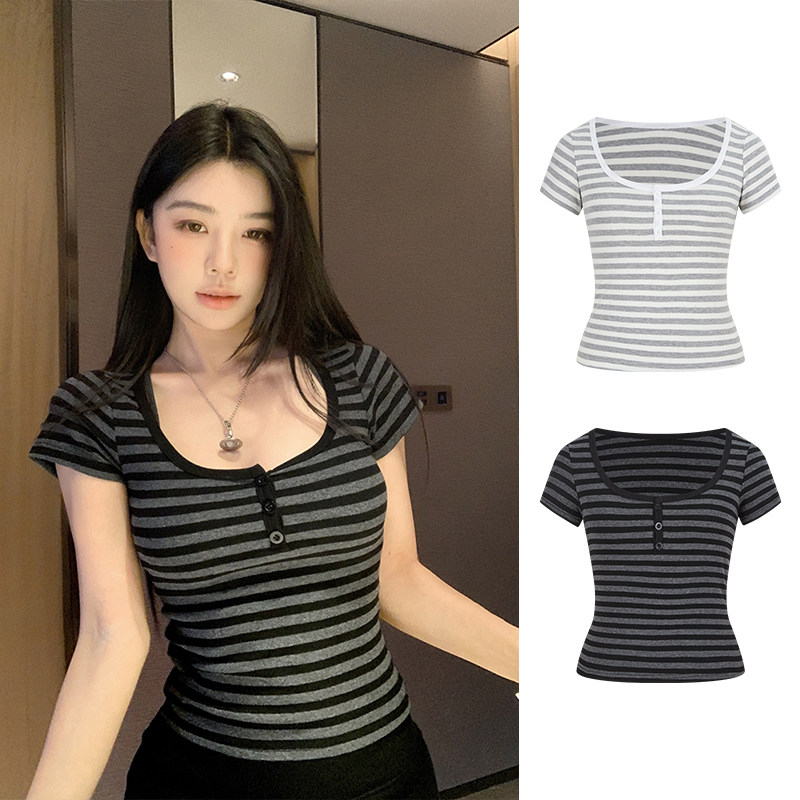 MosesQueen魔西女王撞色条纹u领短袖t恤bm风修身显瘦短款上衣女