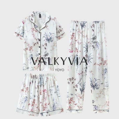 【Valkyvia/悠悠奢品】金枝玉叶冰丝短袖带胸垫睡衣女三件套2662