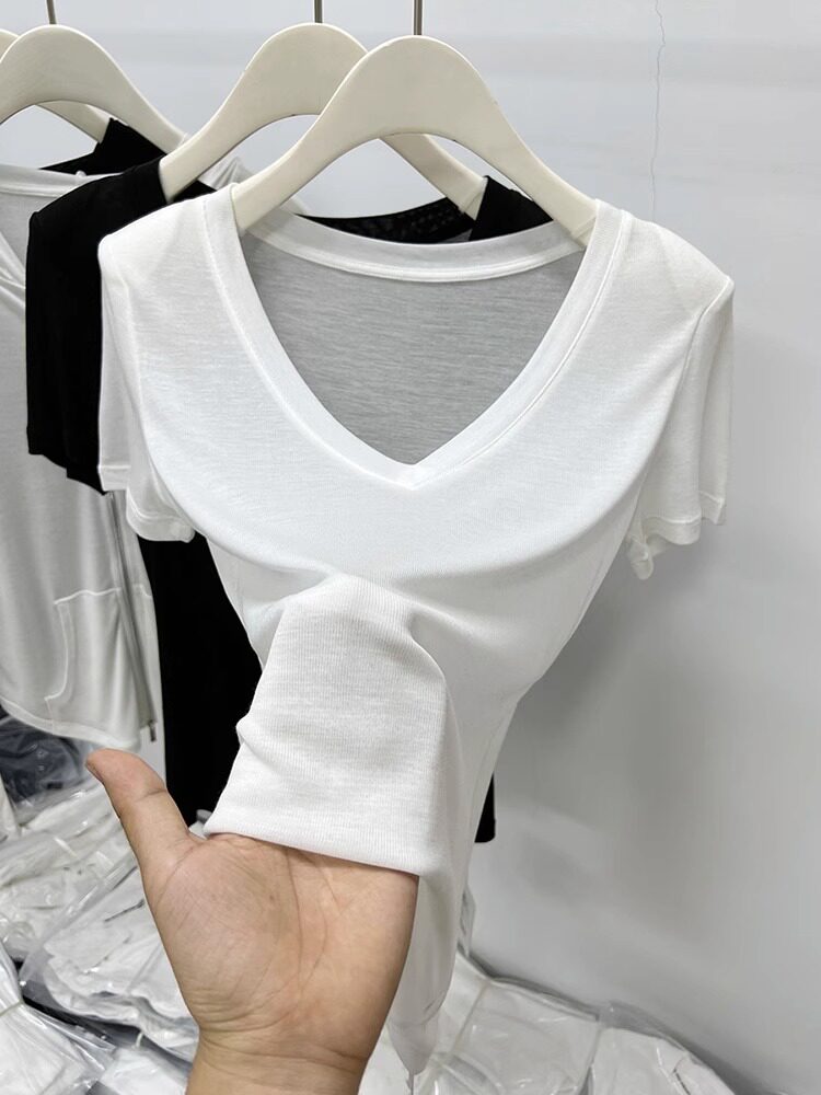 白色面膜短袖T恤女夏季薄款冰丝垫肩T恤洋派欧货正肩V领打底上衣