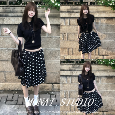 【necy~】复古波点百褶半身裙女