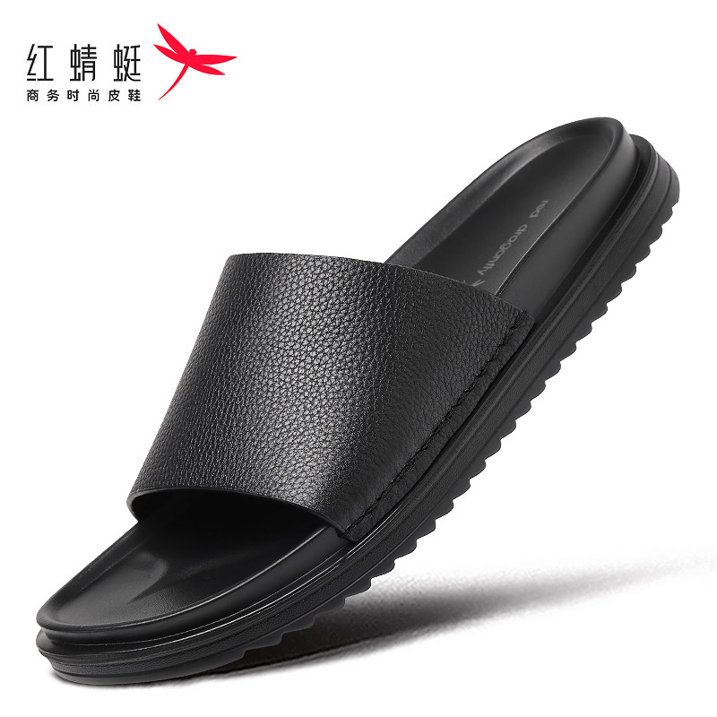 红蜻蜓一字拖男士拖鞋男户外耐磨开车半拖外穿凉拖沙滩真皮软底黑
