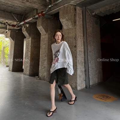 MSKIN6复古人像印花长袖T恤女秋