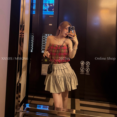 MSKIN6高腰天丝伞裙灰杏显瘦短裙