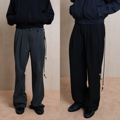 Set for life 25FW TR混纺打褶阔腿系腰皮绳西裤