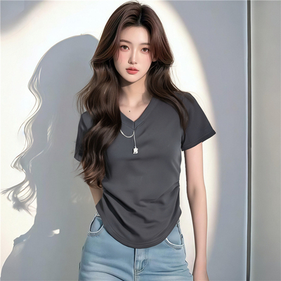 法式别致链子V领短袖t恤女夏季设计感褶皱收腰显瘦短款打底衫上衣