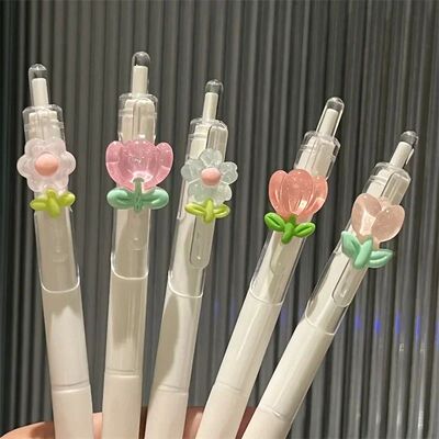 New 2PCS Cute Flower Gel Pens Quick-Drying Black Ink Aesthet