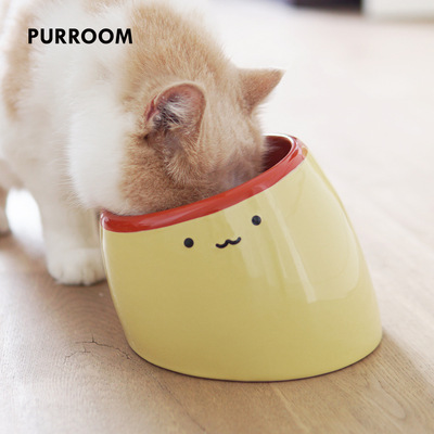 PURROOM原创陶瓷小鸡猫碗斜口加高预防黑下巴食盆保护颈椎防打翻