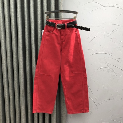 红色高腰哈伦牛仔裤女