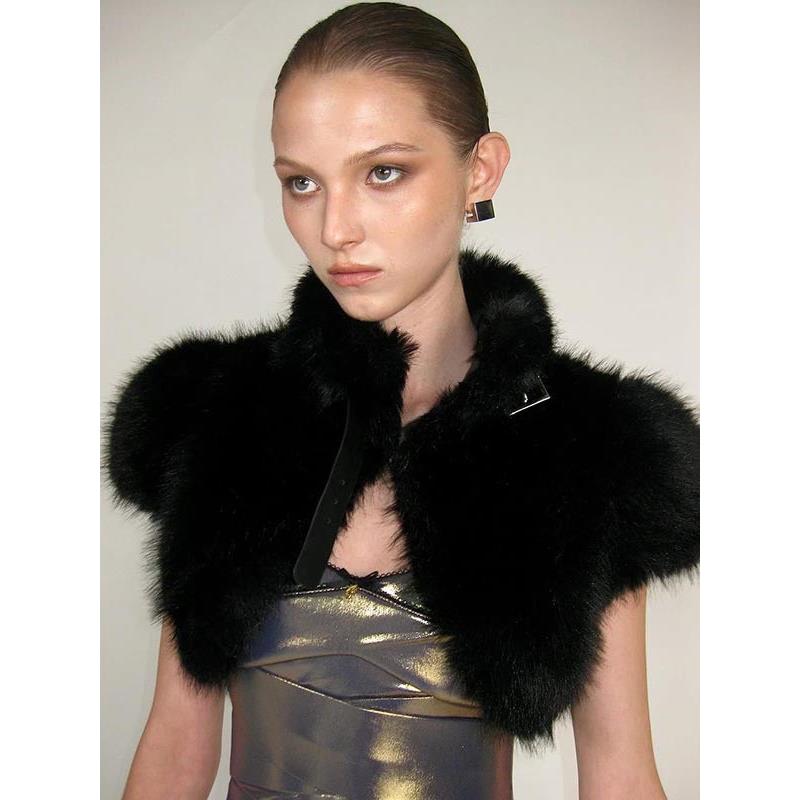 欧美时尚毛毛彷皮草马甲披肩短上衣女 Fur Crop Shawl Top Vest