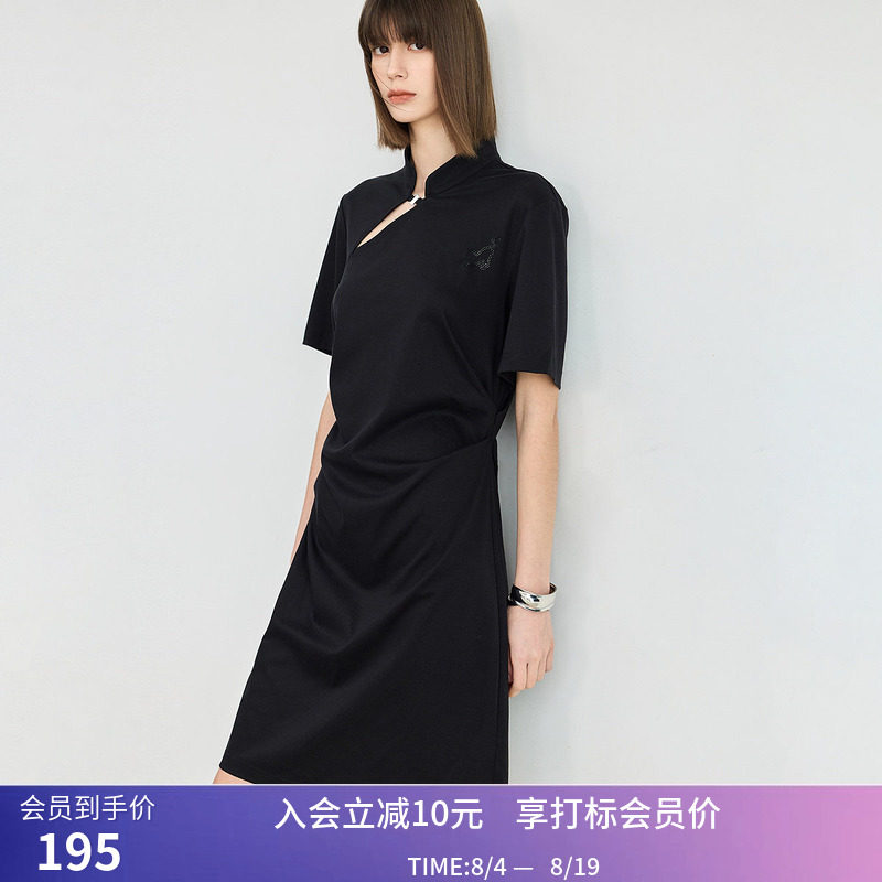 LILY夏新款女装复古中式通勤优雅不对称抽褶旗袍连衣裙小黑裙