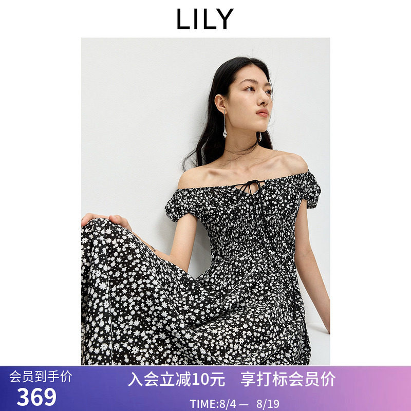 LILY2026夏新款莱赛尔亚麻法式系带碎花气质通勤黑色短袖连衣裙女