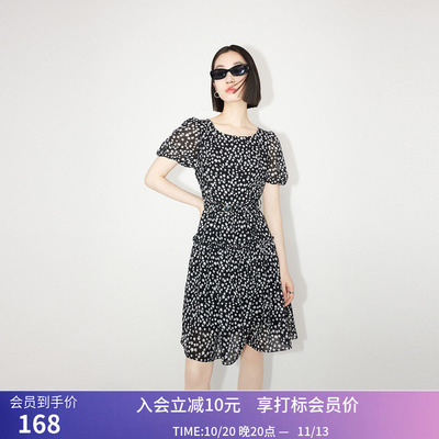 LILY夏新款女装时尚浪漫印花泡泡袖短款高腰连衣裙