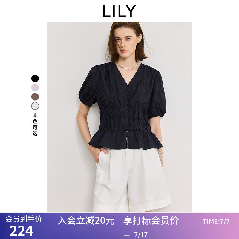 LILY夏新款女装法式浪漫V领收腰休闲百搭通勤泡泡袖短袖衬衫