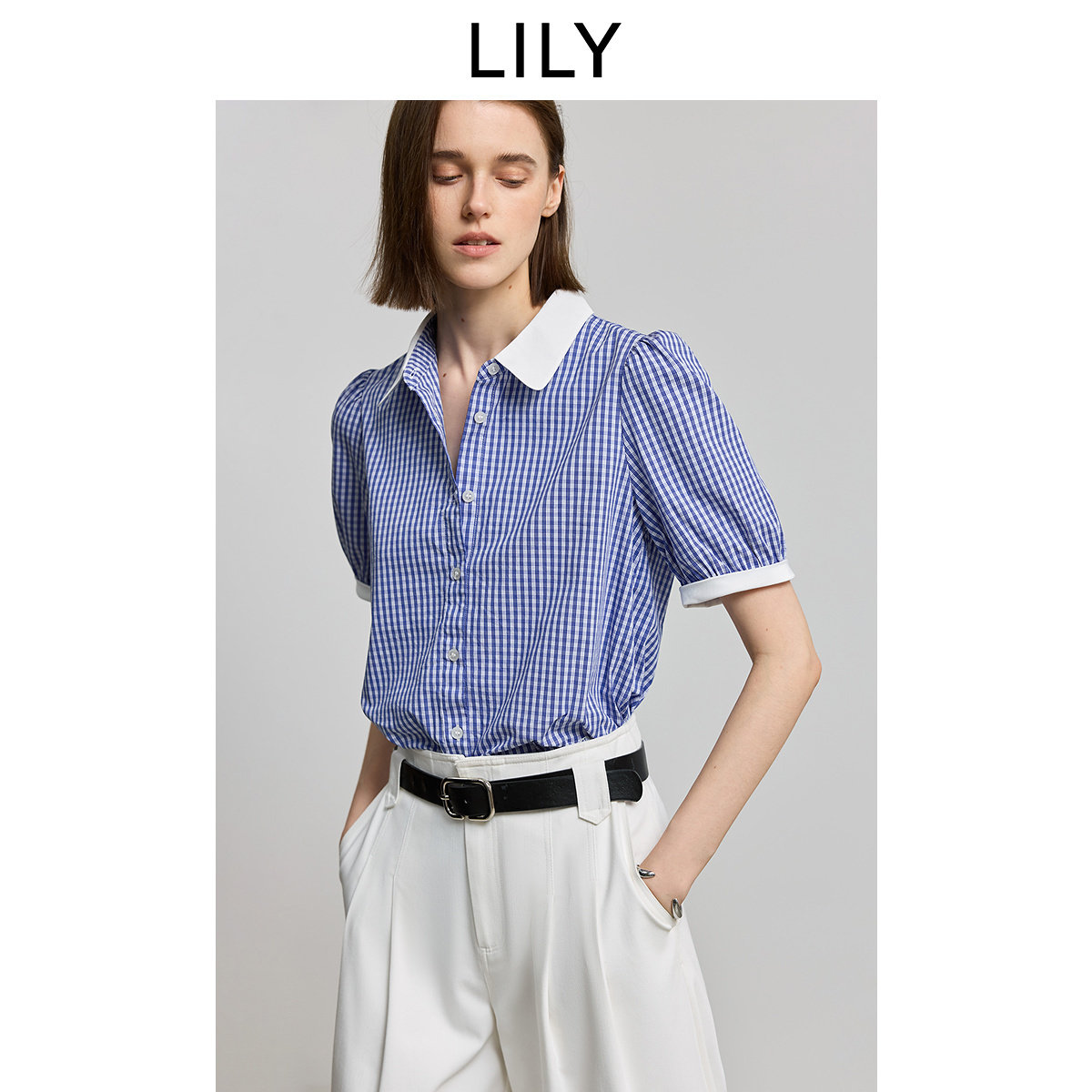 【来了就好】LILY蓝色格纹宽松休闲百搭通勤短袖衬衫
