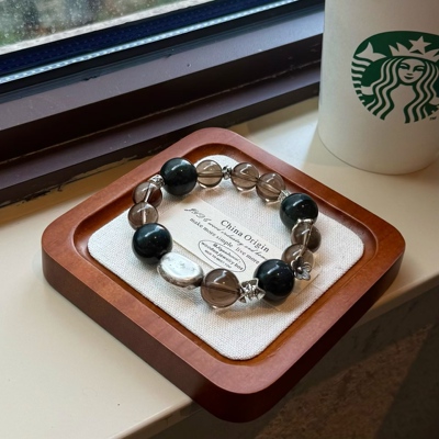 「暮色茶颜」原创天然茶水晶蓝虎眼石手串大珠复古老钱风好运礼物